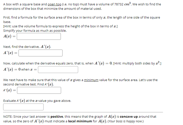 Solved A box with a square base and open top (i.e. ﻿no top) | Chegg.com
