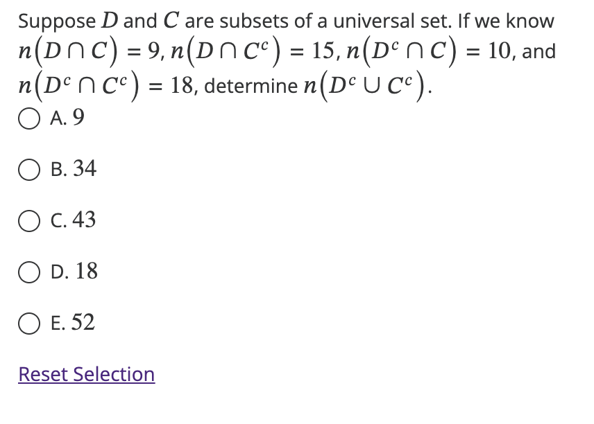 Solved Suppose D ﻿and C ﻿are subsets of a universal set. If | Chegg.com