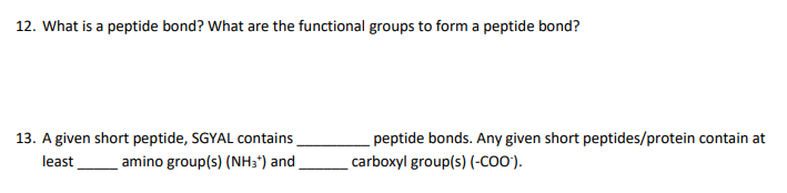 Solved 12. What is a peptide bond? What are the functional | Chegg.com