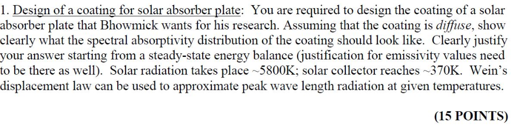 1. Design of a coating for solar absorber plate: You | Chegg.com