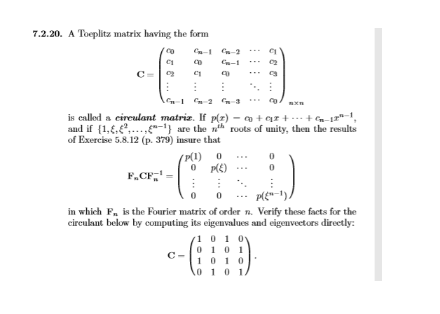 Solved 7.2.20. A Toeplitz matrix having the form 70 C-1 9 C= | Chegg.com