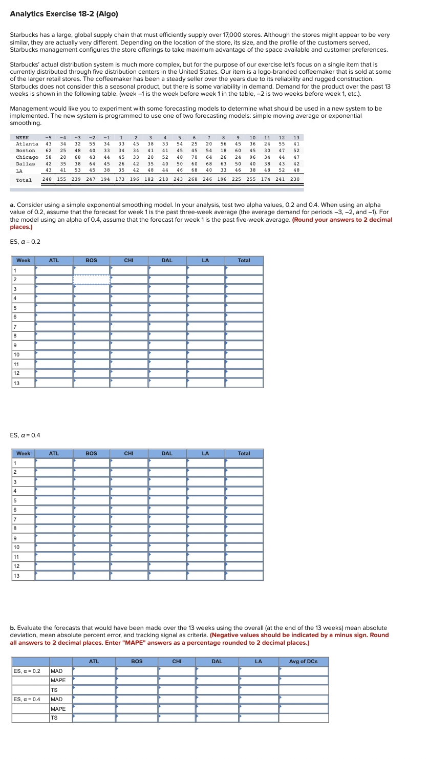 Solved Analytics Exercise 18-2 (Algo) Starbucks has a large, | Chegg.com