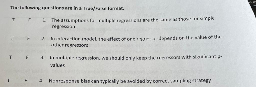 Solved The following questions are in a True/False format. T | Chegg.com
