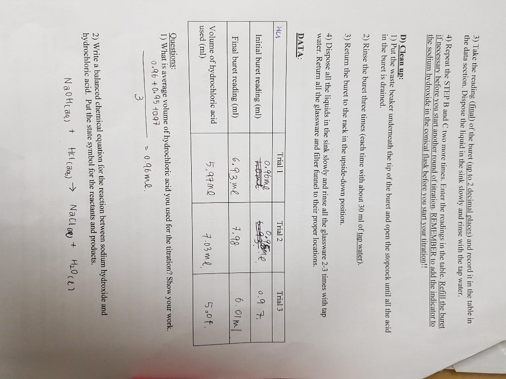Solved Acid base titration experiment: Objective: To find | Chegg.com