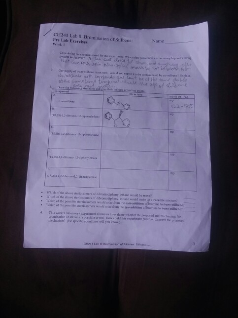Solved CH341 Lab 8: Bromination of Stilhene: PreLab | Chegg.com