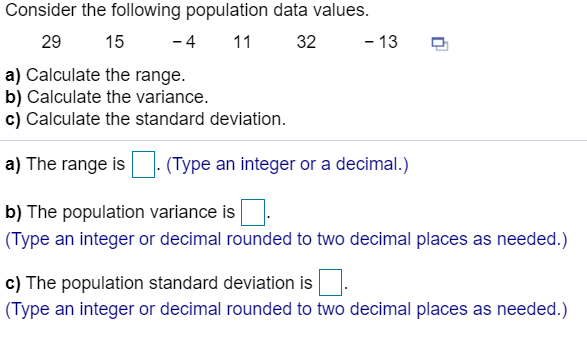 Solved Consider the following population data values. 29 15 | Chegg.com
