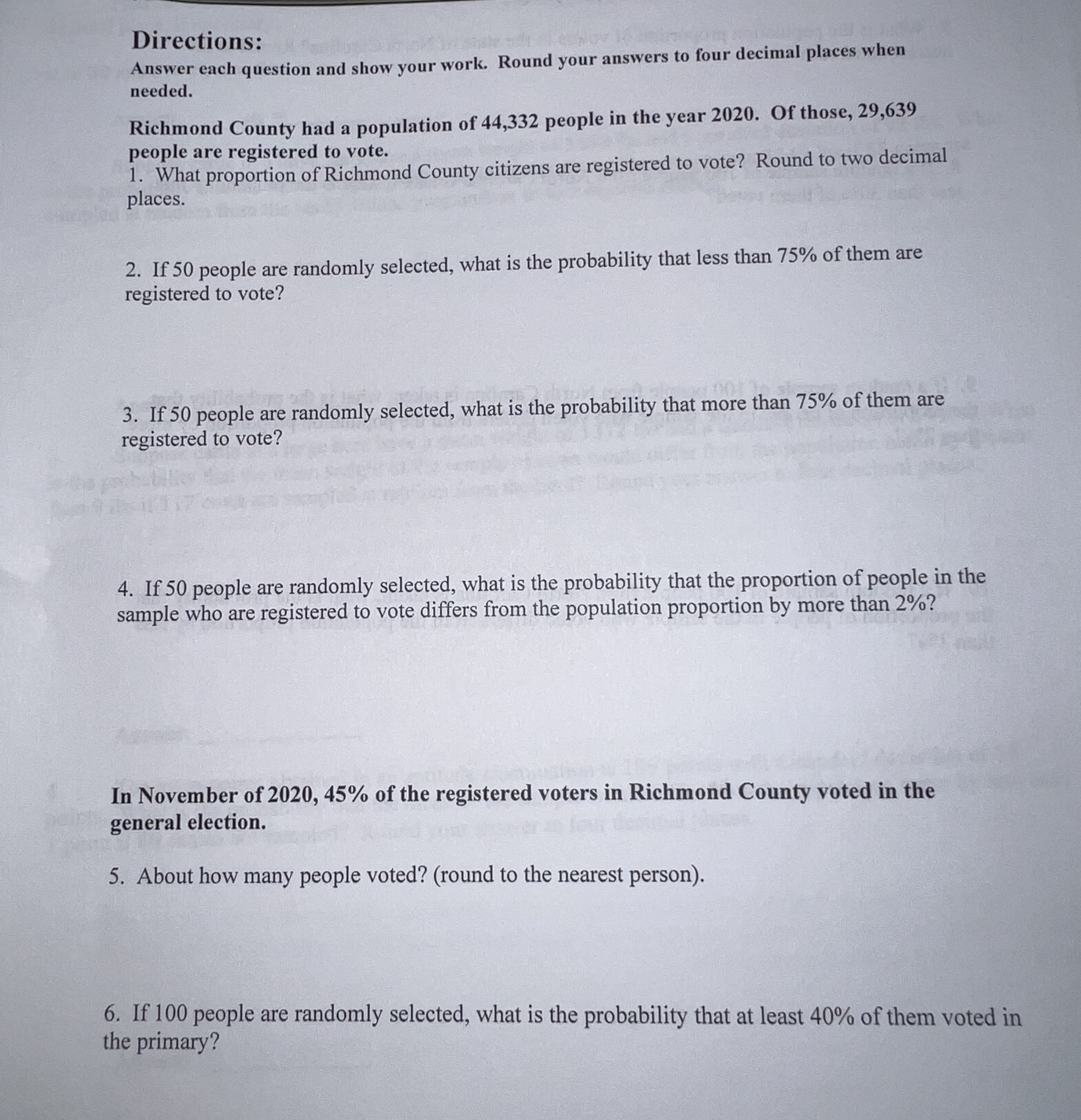 Solved Directions:Answer each question and show your work. | Chegg.com