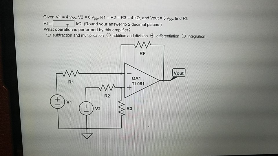 Solved Given V1 = 4 Vpp, V2 = 6 Vpp, R1 = R2 = R3 = 4k, and | Chegg.com