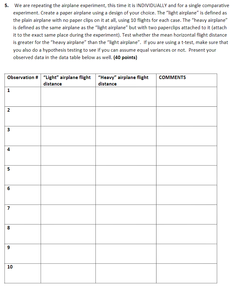 Solved 5. We are repeating the airplane experiment, this | Chegg.com