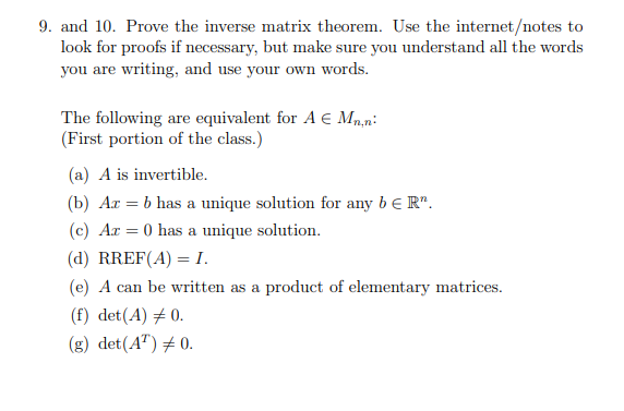 Solved 9. and 10. Prove the inverse matrix theorem. Use | Chegg.com