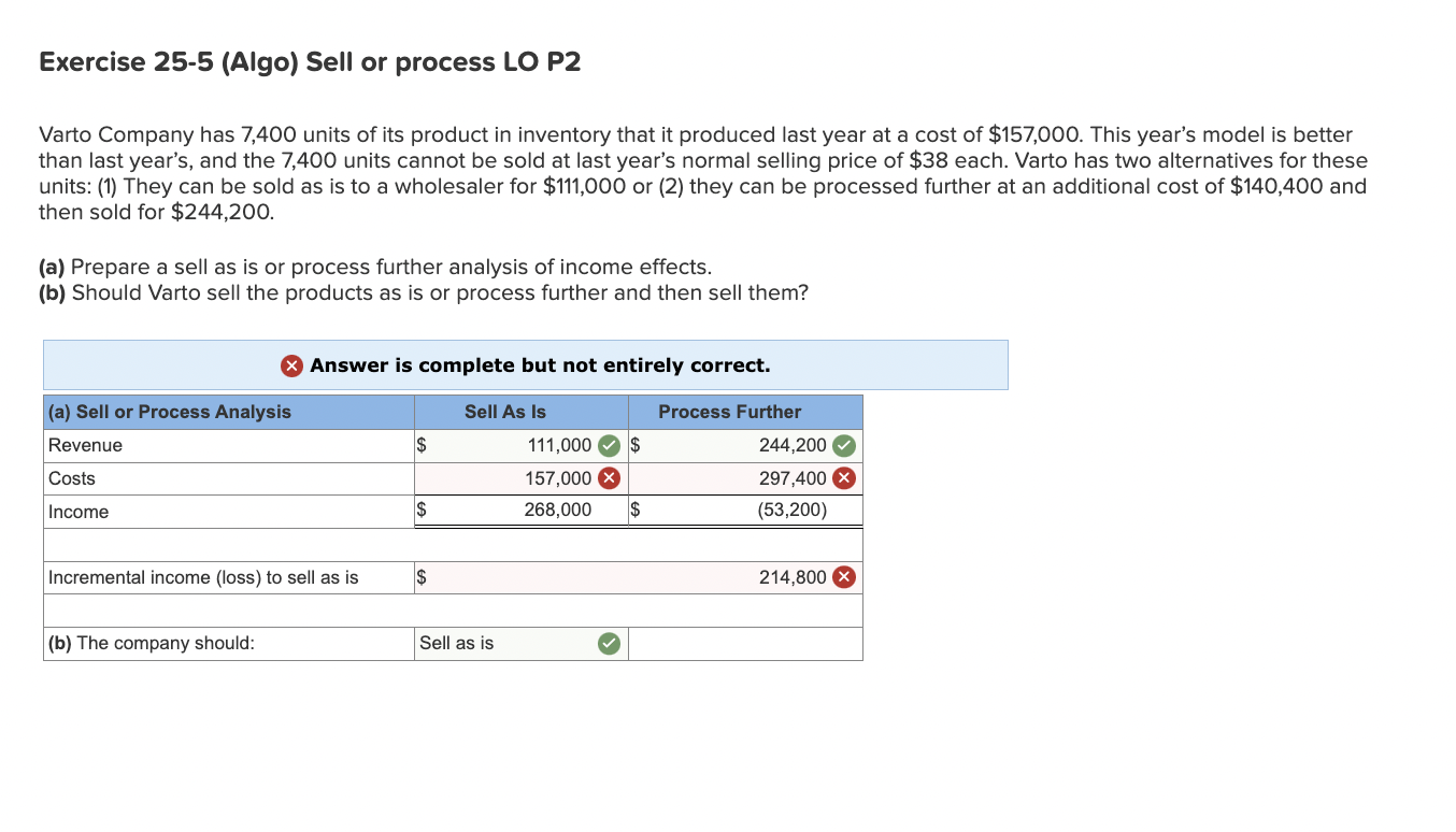 Solved Exercise 25-5 (Algo) ﻿Sell or process LO P2Varto | Chegg.com