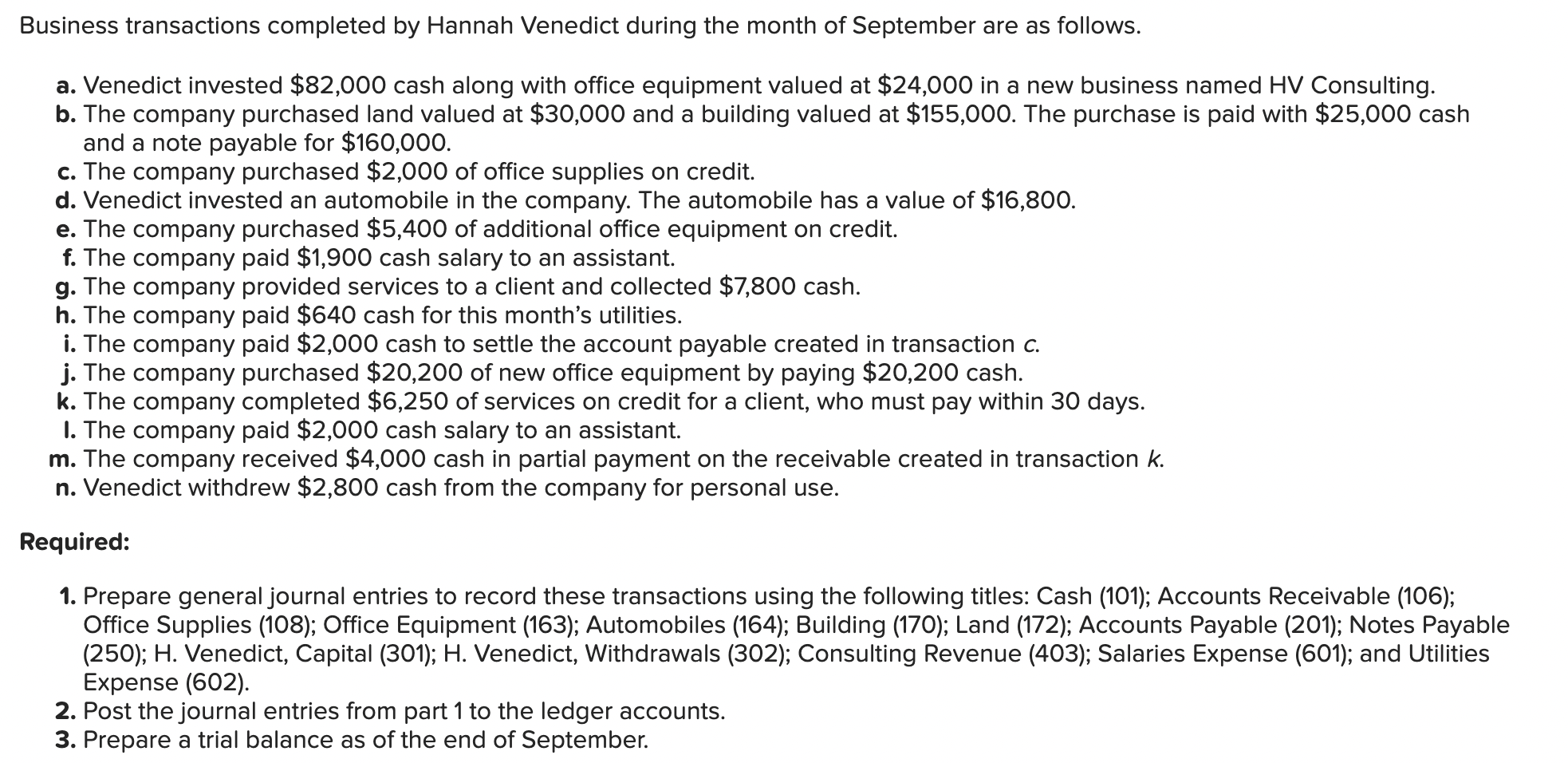 Solved Business transactions completed by Hannah Venedict | Chegg.com