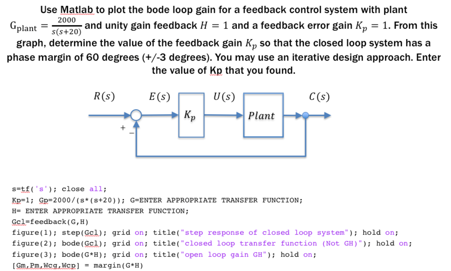 Solved 2000 Use Matlab to plot the bode loop gain for a | Chegg.com