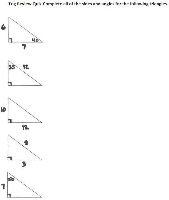 Solved Trig Review Quiz-Complete all of the sides and angles | Chegg.com