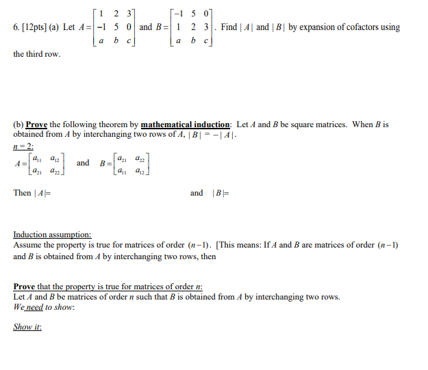 Solved [ 1 2 3] T-1 5 0] 6. [12pts] (a) Let A= -1 5 0 and B= | Chegg.com