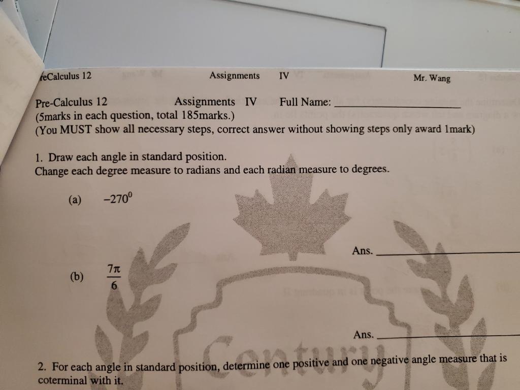Solved Pre-Calculus 12 Assignments IV Full Name: (5marks in | Chegg.com