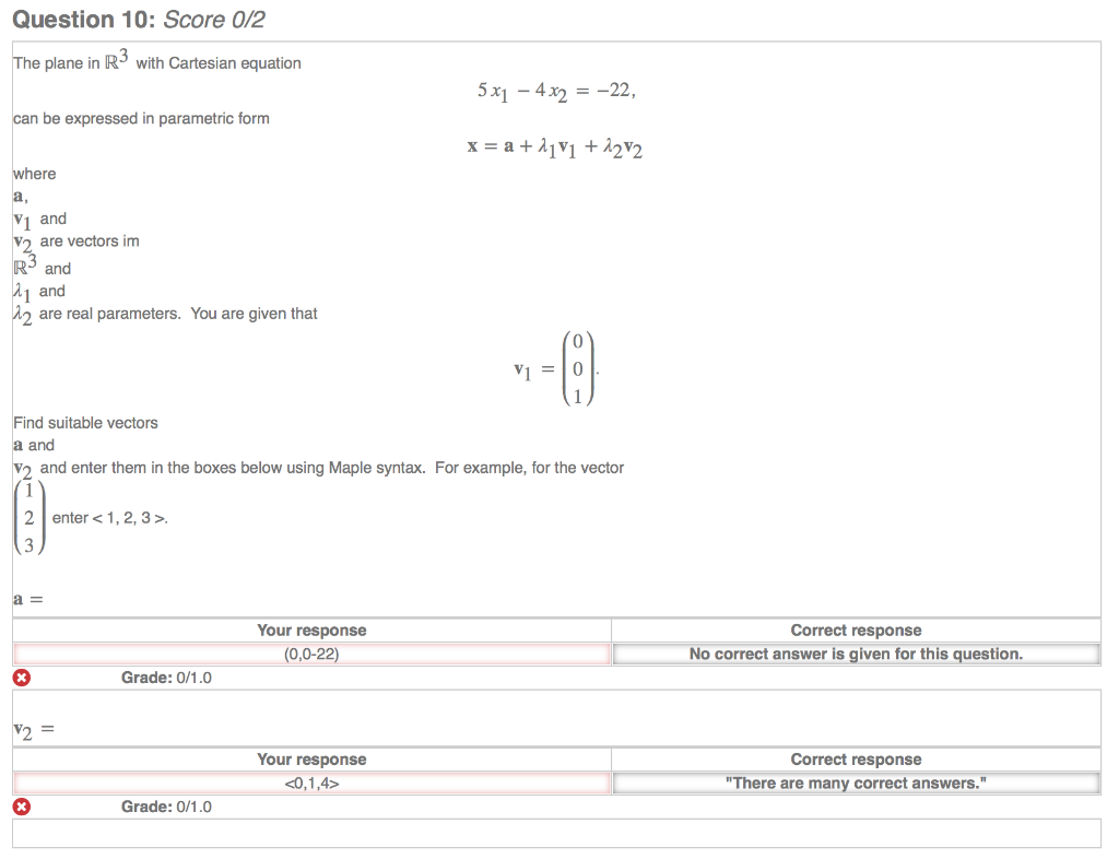 Solved Question 10: Score 0/2 The plane in R3 with Cartesian | Chegg.com