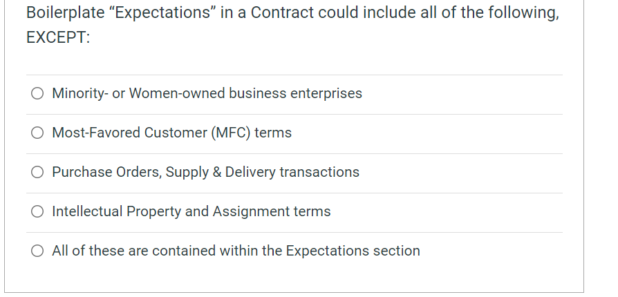Solved Boilerplate “Expectations” in a Contract could | Chegg.com