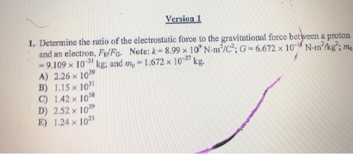 Solved Version 1 1 Determine The Ratio Of The Electrostatic