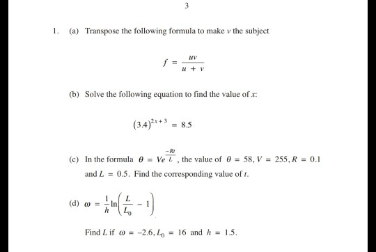 Solved 1. (a) Transpose the following formula to make v the | Chegg.com