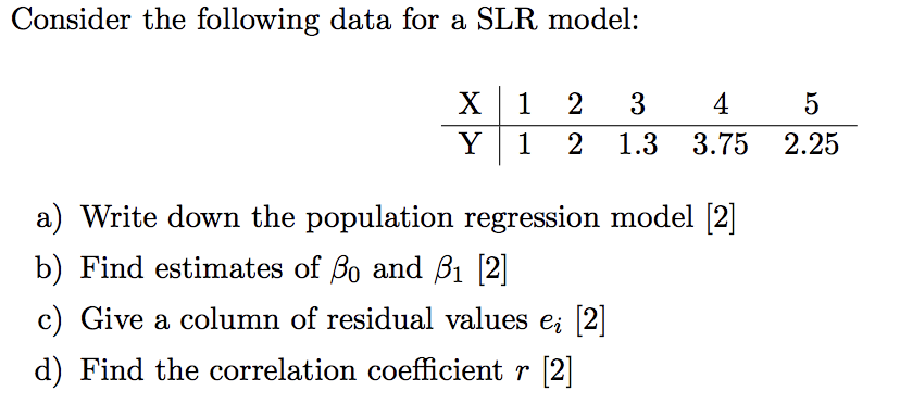 Consider the following data for a SLR model: X1 2 3 Y | Chegg.com