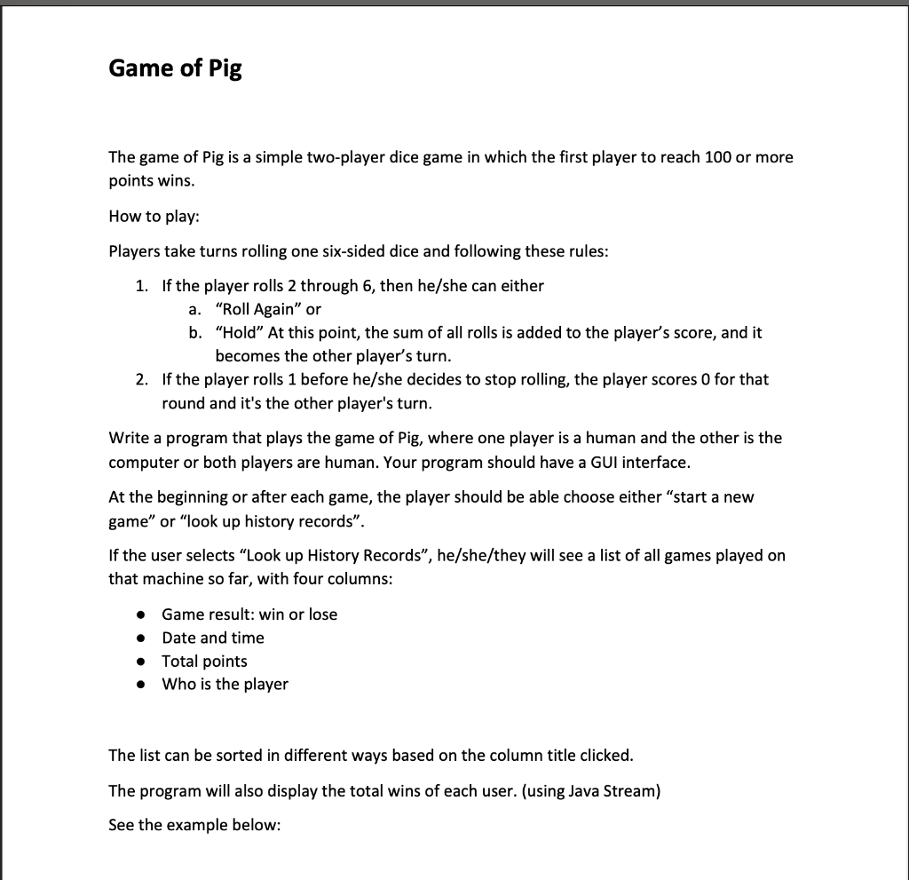Game of Pig The game of Pig is a simple two-player | Chegg.com