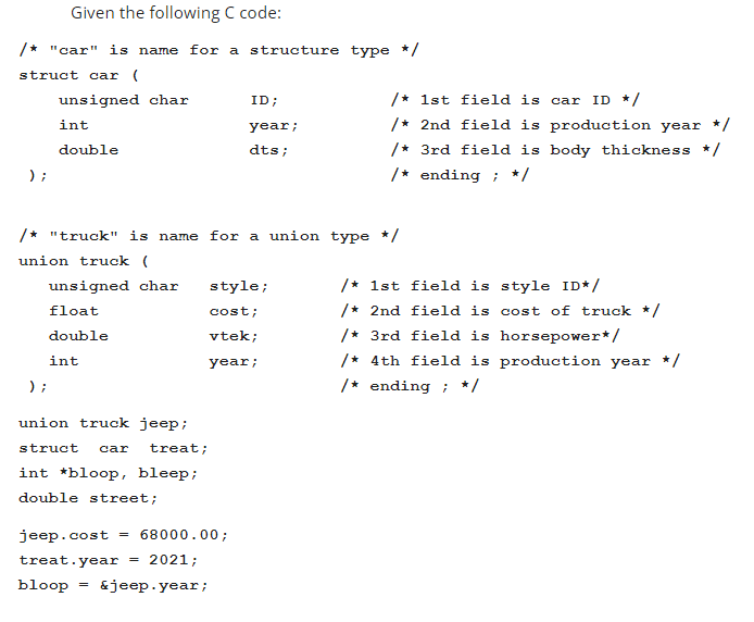 Given the following C code: /* "car" is name for a | Chegg.com