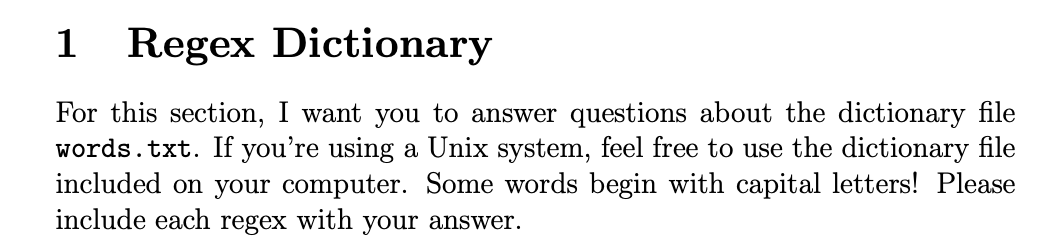 Solved 1 Regex Dictionary For this section, I want you to | Chegg.com