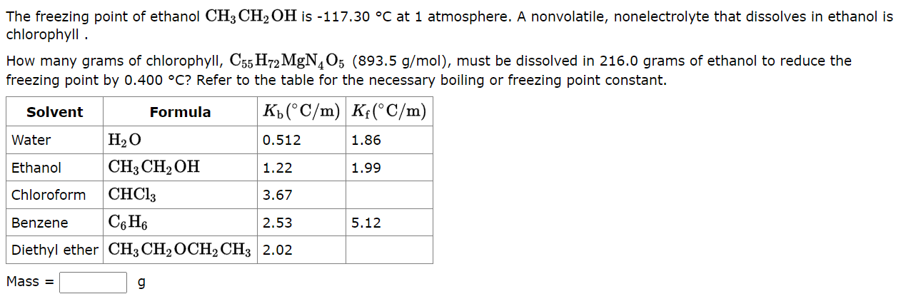 Solved The freezing point of ethanol CH3CH2OH is −117.30∘C | Chegg.com