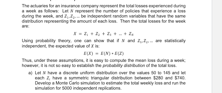 Solved The actuaries for an insurance company represent the | Chegg.com