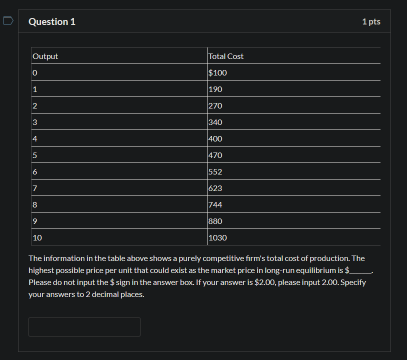 Solved Question 1 1 pts Output Total Cost $100 190 270 340 4 | Chegg.com
