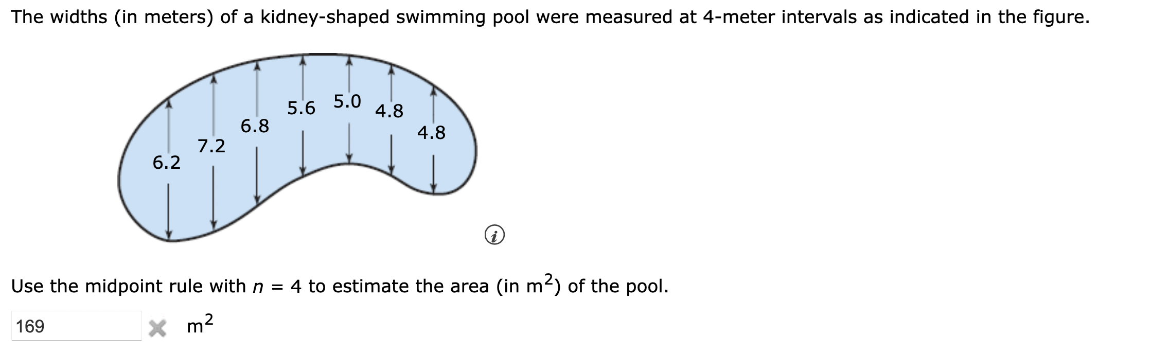 Solved The widths (in meters) of a kidney-shaped swimming | Chegg.com