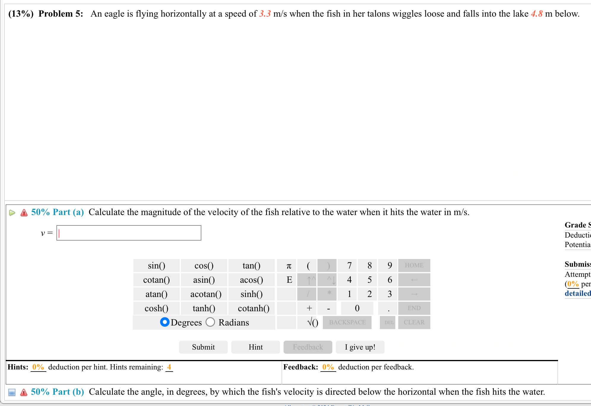 Solved (13%) ﻿Problem 5: An eagle is flying horizontally at | Chegg.com