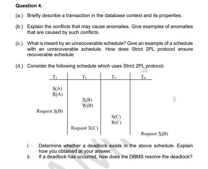 Question 4. (a.) Briefly describe a transaction in | Chegg.com