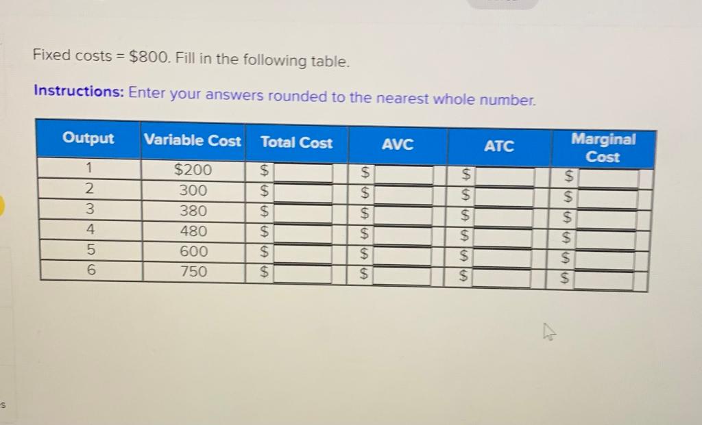 Solved Fixed costs = $800. Fill in the following table. | Chegg.com