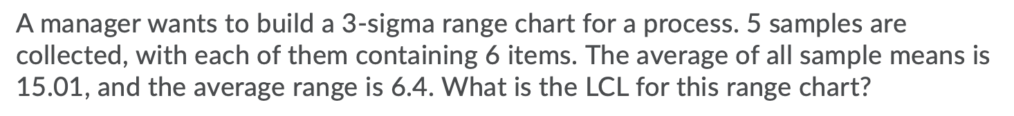 Solved A manager wants to build a 3-sigma range chart for a | Chegg.com