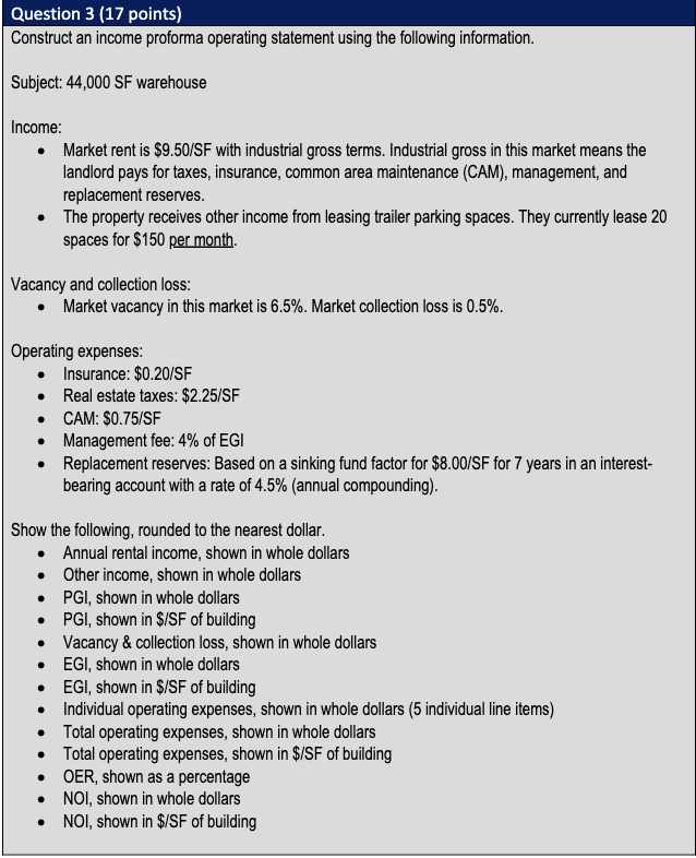 Solved Construct an income proforma operating statement | Chegg.com