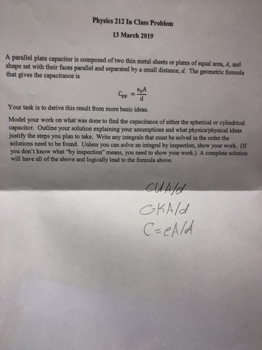 Solved Physics 212 In Class Problem 13 March 2019 A parallel | Chegg.com