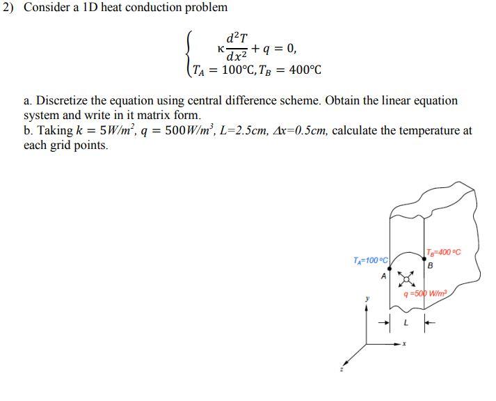 Solved 2) Consider a 1D heat conduction problem K d2T dx2 + | Chegg.com