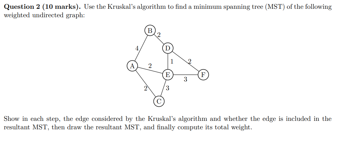 Solved Question 2 (10 marks). Use the Kruskal's algorithm to | Chegg.com