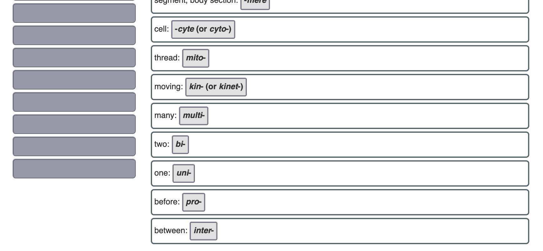 Solved Ca cell: -cyte (or cyto-) thread: mito- moving: | Chegg.com