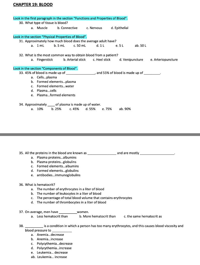 Solved CHAPTER 19: BLOOD Look in the first paragraph in the | Chegg.com