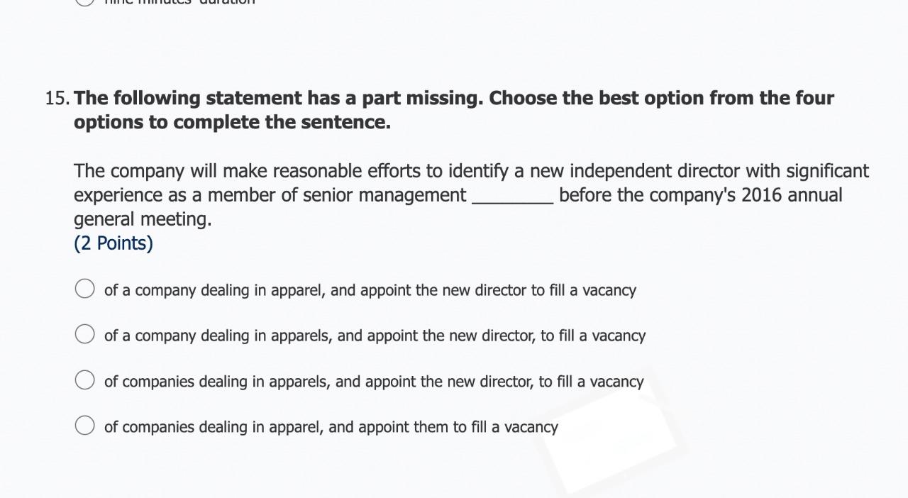 Solved 15. The following statement has a part missing. | Chegg.com