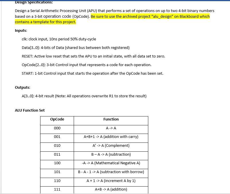 Design Specifications: Design a Serial Arithmetic | Chegg.com