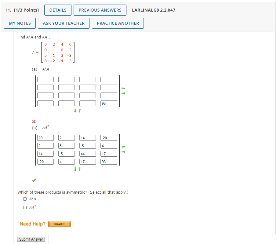 Solved 11. [1/3 Points] DETAILS PREVIOUS ANSWERS LARLINALG8 | Chegg.com
