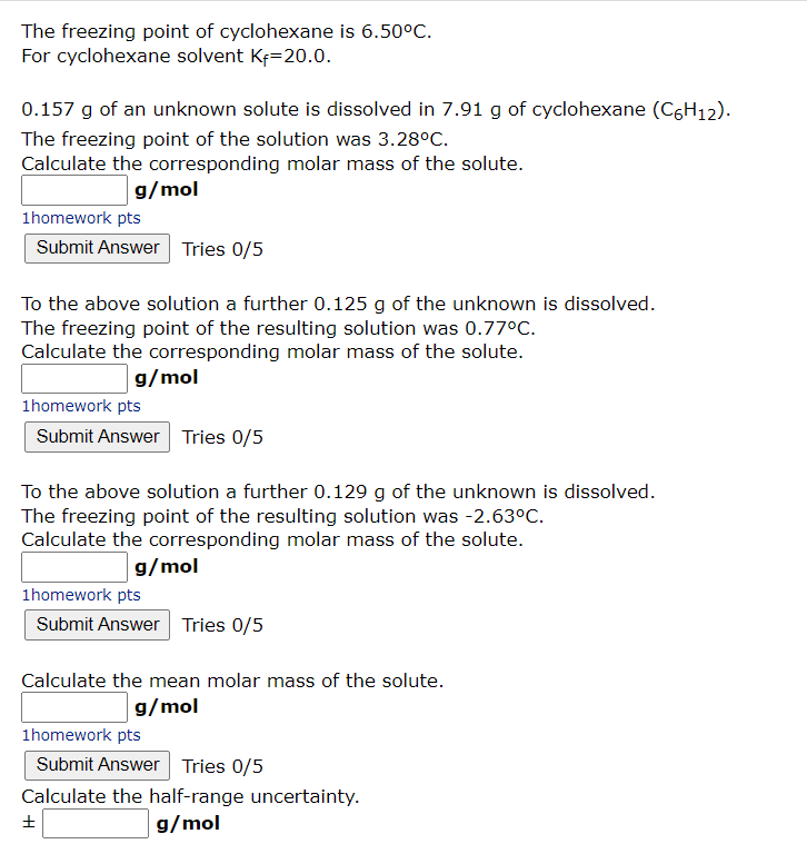 Solved The freezing point of cyclohexane is 6.50∘C. For | Chegg.com