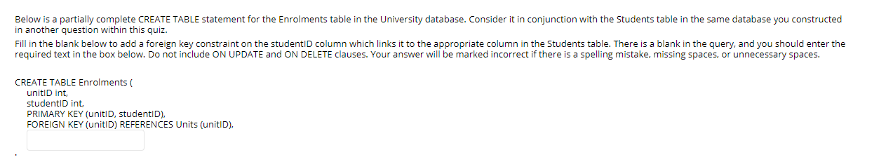 Solved Below is a partially complete CREATE TABLE statement | Chegg.com