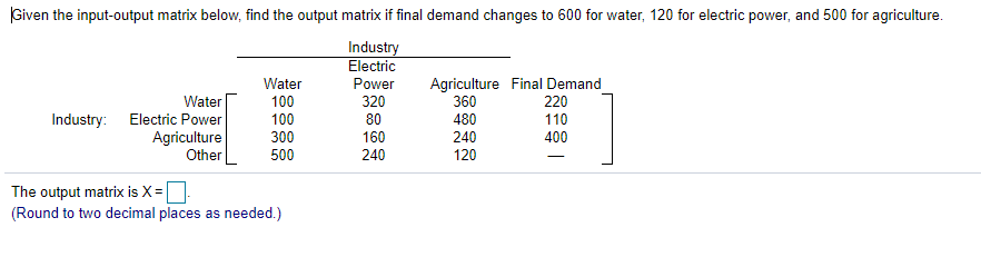 Solved Given the input-output matrix below, find the output | Chegg.com