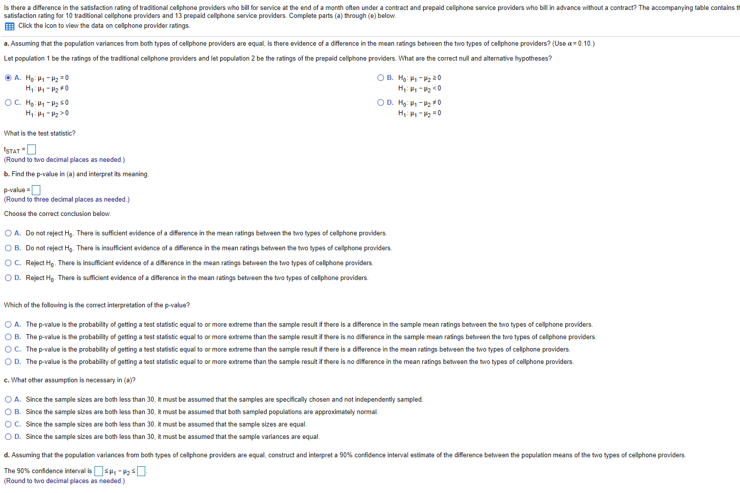 Solved Is there a difference in the satisfaction rating of | Chegg.com