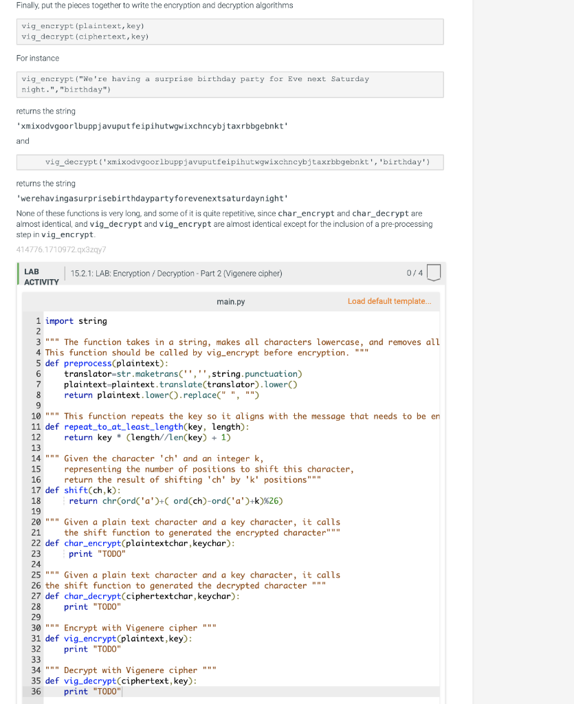15.2 LAB: Encryption / Decryption - Part 2 (Vigenere | Chegg.com